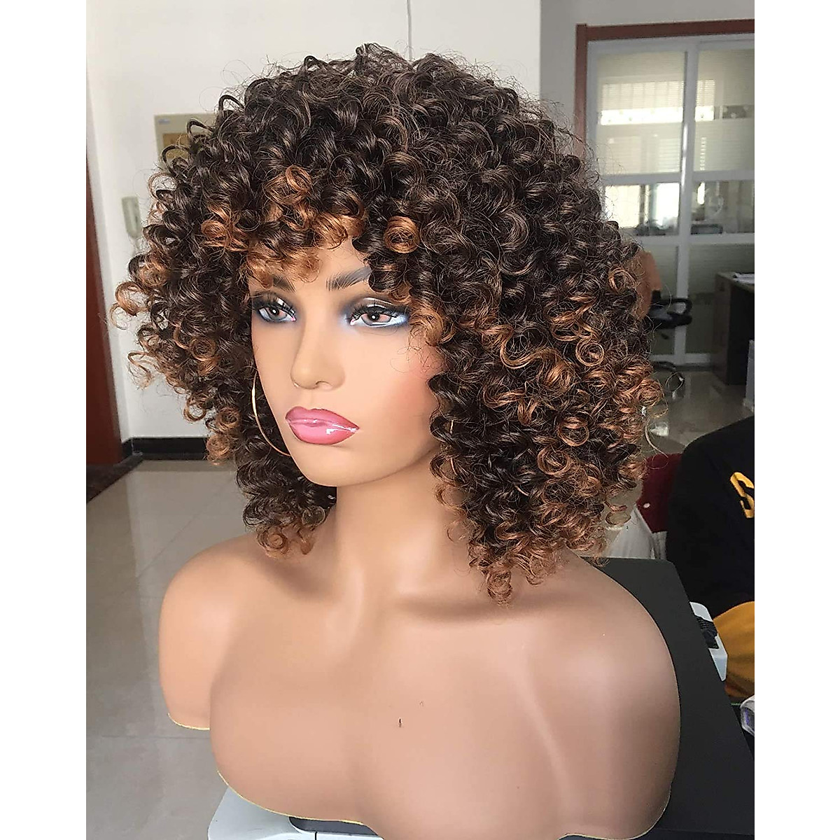 ANNIVIA Short Curly Wig for Black Women with Bangs Big Bouncy Fluffy Kinky Curly Wig Heat Resist Soft Synthetic 2Tone Ombre Darkest Brown Short Curly Afro Wig