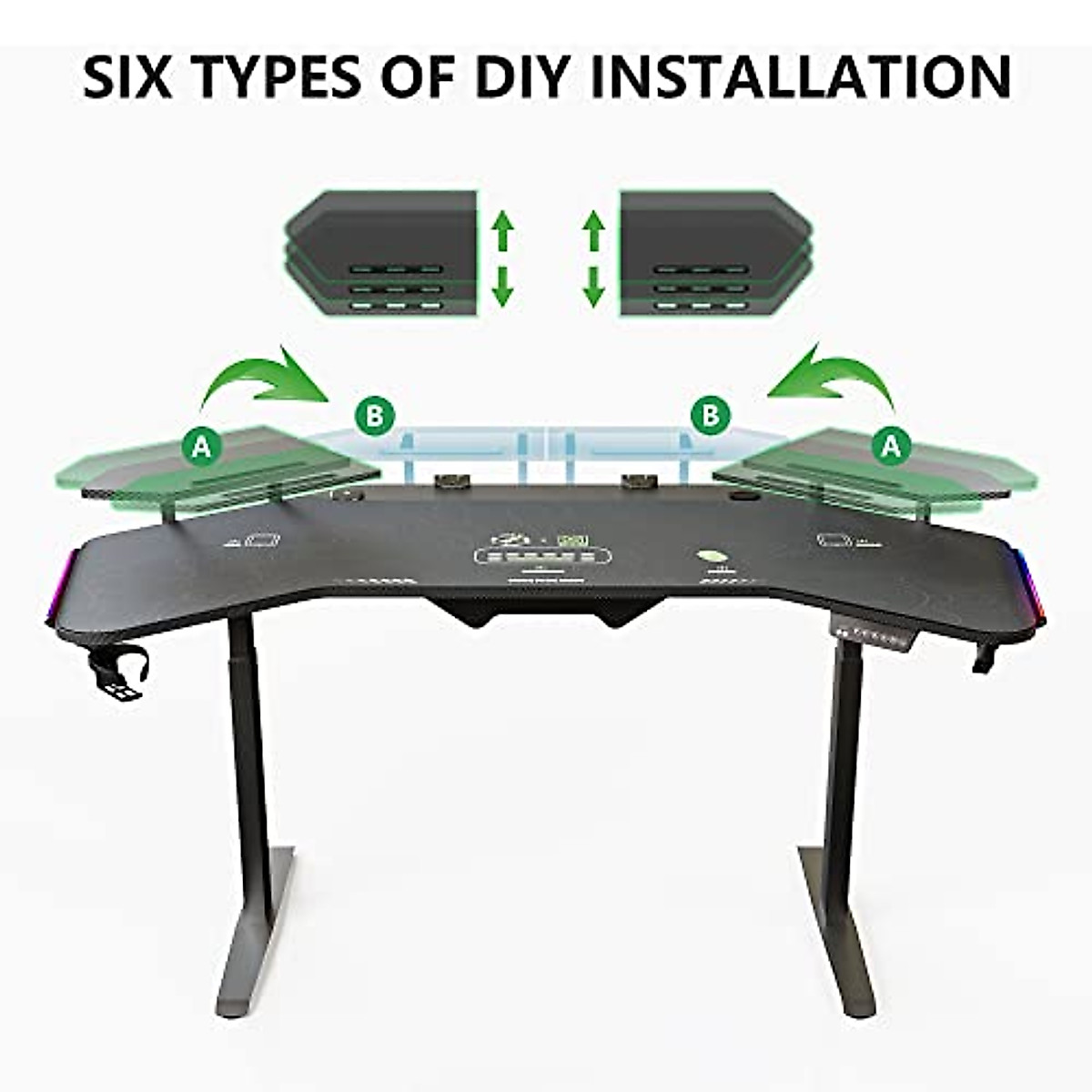 JWX Standing Gaming Desk with Aluminum Alloy Led Lights, 72'' Wing Shaped Large Gaming Studio Music Desk with Slot Design Shelves, for Live Streamer, Social Media Influencer & Music Recording