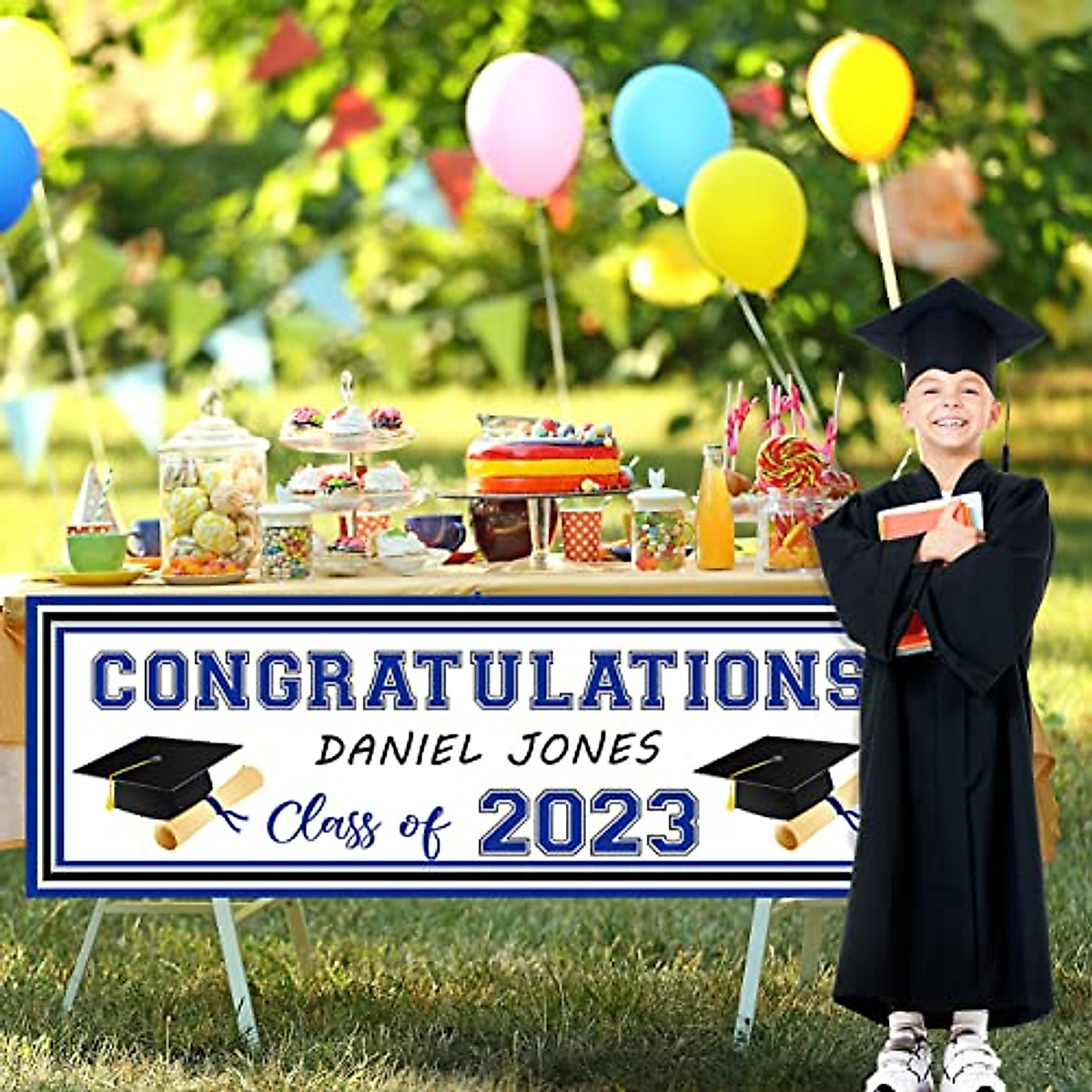Graduation Banner 2023 Personalized Name Blue Graduation Decorations Large Congratulations Banner With A Marker Pen Class of 2023 Banner Yard Sign for Graduation Party 59x19.7 Inch