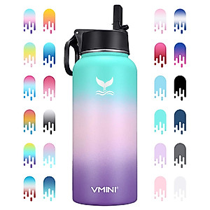 Vmini Water Bottle with New Wide Handle Straw Lid, Wide Mouth Vacuum Insulated 18/8 Stainless Steel, 32 oz, Gradient Mint + Pink + Purple