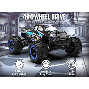 RACENT RC Car, 1:16 Scale All Terrain Monster Truck, 30MPH 4WD Off Road Fast Remote Control Toy 2.4Ghz High Speed Electric Vehicle with 2 Rechargeable Batteries, 40+ Min Play, Gift for Boys Adults