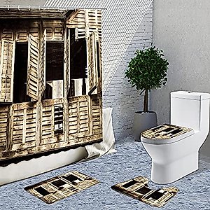 AXISRC Old Wooden House Shower Curtains Sets 3D Retro Building Wooden Windows Hook Bathroom Curtain Toilet Decor Bath Mats Rugs Carpets 71x71inches