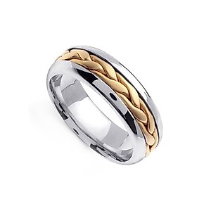 TGDJ Two Tone Yellow Gold Braided Wedding Band - 7 mm Handmade Beautifully Crafted White Gold Wedding Ring for Couple - Yellow Gold Braided With White edges - Free Customized Engraving (14k Gold, 5)