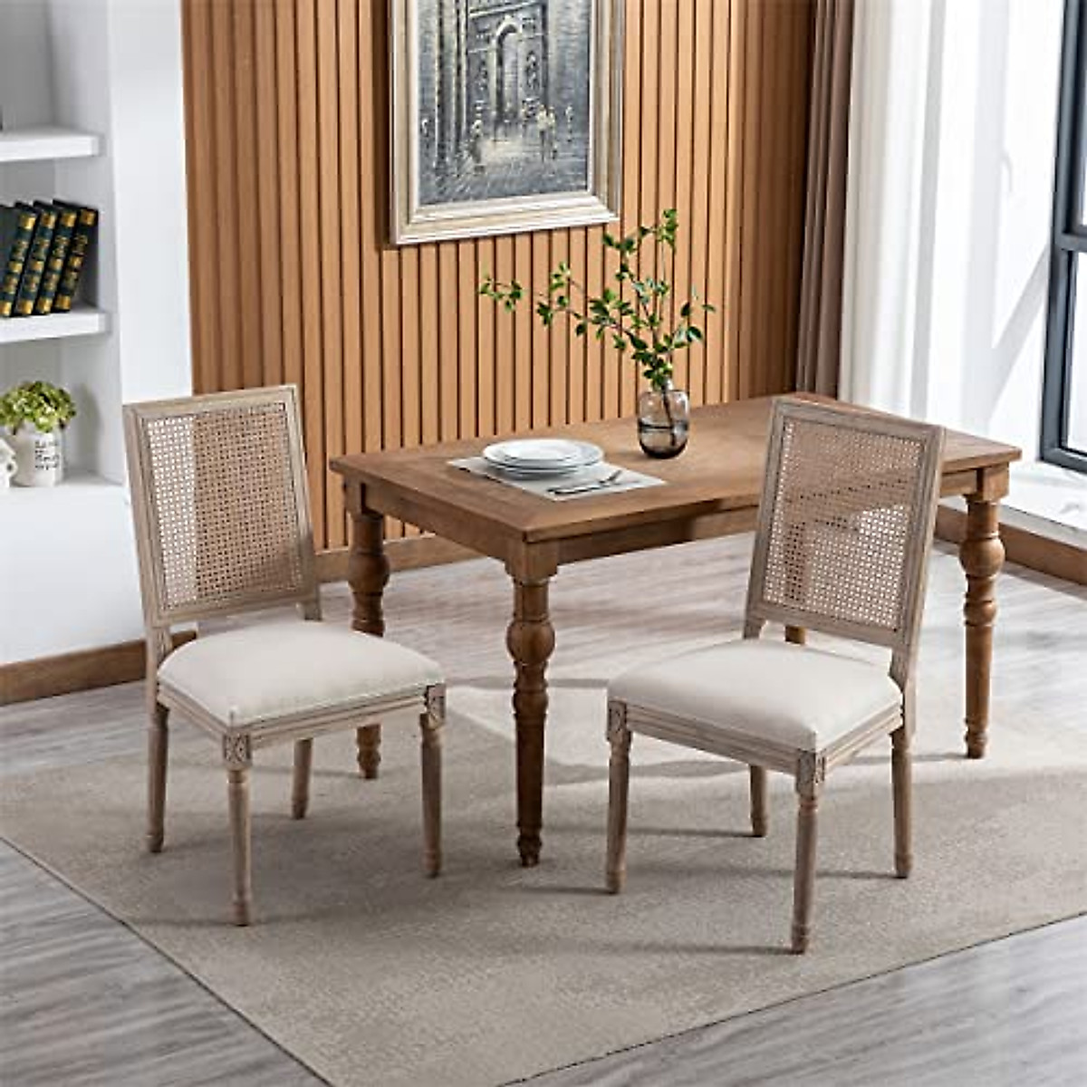 French Dining Chairs Set of 2, 2 Pack Vintage French Dining Chairs Set, Wood Frame Linen Fabric Seating Chairs with Painting Rattan Back, Living Room Chairs with Wood Legs, Easy Assembly, Cream