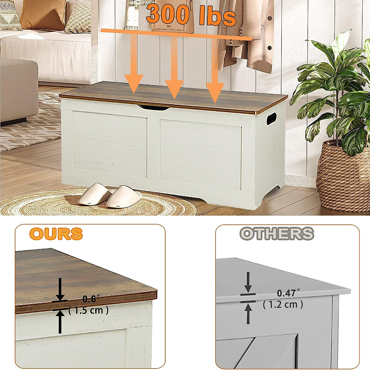 Timberer 39.4" Storage Chest, Wooden Storage Bench, Large Storage Trunk with 2 Safety Hinges, Entryway Shoes Bench for Living Room, Bedroom, Antique White