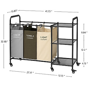 3 Bag Laundry Sorter Cart with Storage Shelf 3 Section Laundry Hamper Sorter with Lockable Rolling Wheels Laundry Separator Basket with Removable Bags for Dirty Clothes Storage