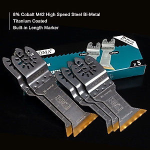 Acroma 5-Piece Universal Oscillating Multitool Blade Set, Titanium-Enhanced M42 HSS Bi-Metal, Including 2" and 2-2/3" Extra-Long Blades, Ideal for Plunge/Flush Cut on Multi-Materials. BM50005