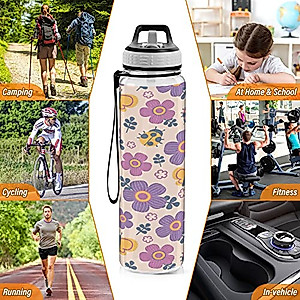 Wusikd Flowers Butterflies Water Bottle Tritan BPA-Free Drink and Straw Leakproof Motivational Ladybug Drinking Water Bottles with Carrying Strap for Office, Gym, Outdoor Sports