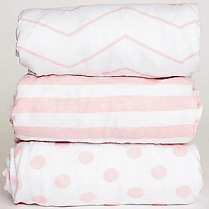 NODNAL CO. 3 Fitted Bassinet Sheets Pink Set for Baby Girl - 100% OEKO-TEX Cotton - Chevron, Polka Dot and Stripe - for Cradle/Moses Basket Hourglass, Oval & Rectangle Mattress Sheet