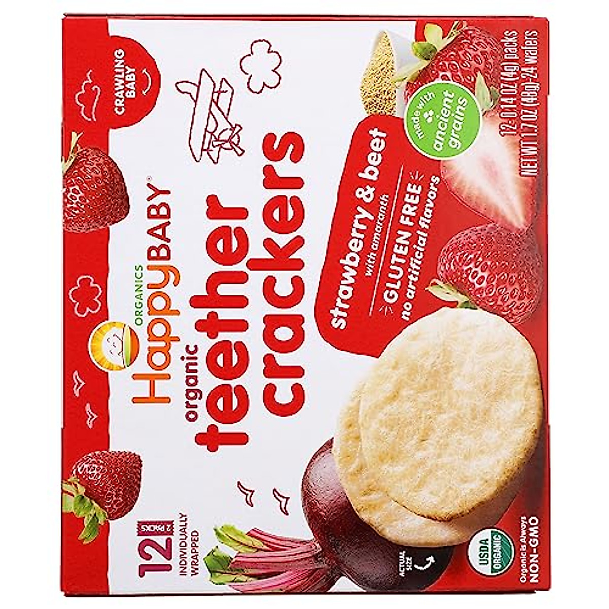 Happy Baby Organic Strawberry & Beet Teether Crackers 12 Count, 1.7 OZ