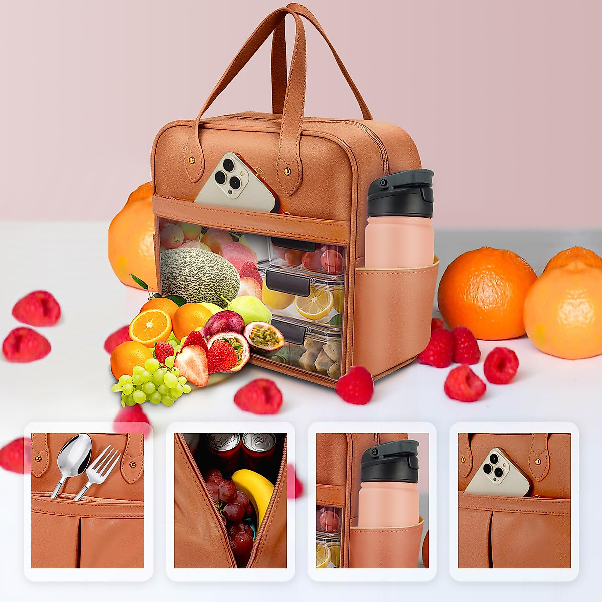 BEEWEEL Lunch Bag for Wome,PU Leather Lunch Tote Bag with Adjustable Shoulder Strap, Large Capacity, Insulated Lunch Bags for Work, Picnic, Camping -Brown