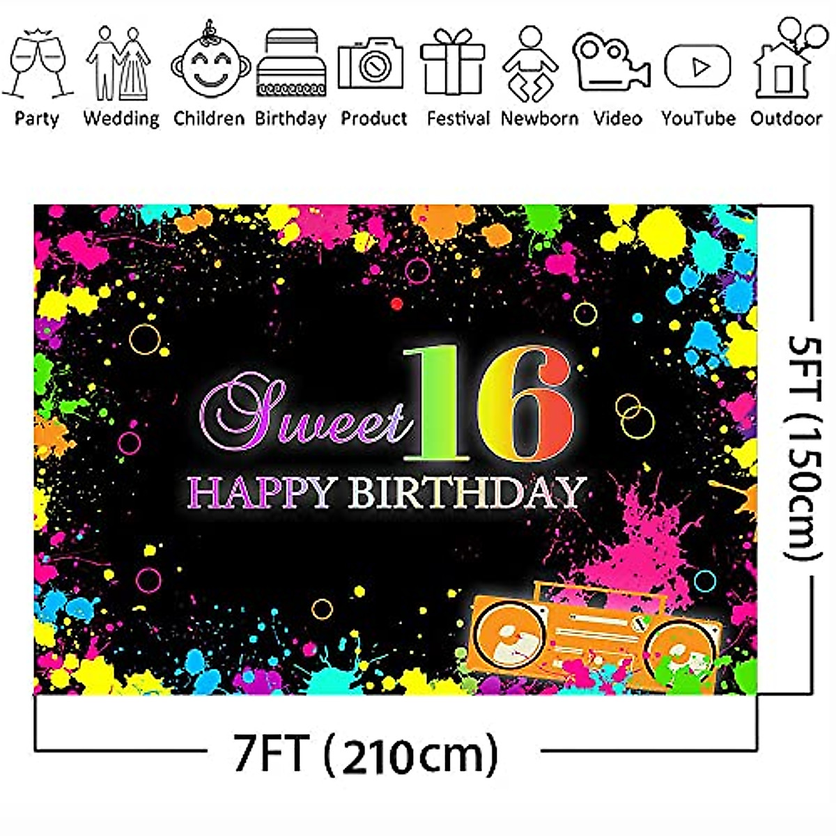 Avezano Sweet 16 Backdrops Neon Glow in The Dark Happy 16th Birthday Party Banners Decorations Graffiti 16th Birthday Parties Backgrounds(7x5ft)