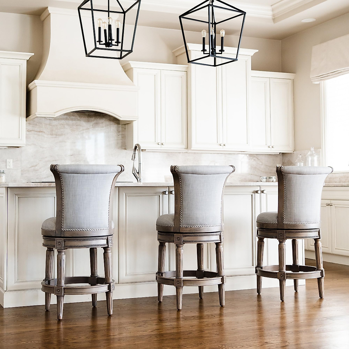 Maven Lane Pullman 26 Inch Tall Counter Height Upholstered Barstool with Back in Reclaimed Oak Finish with Ash Grey Fabric Cushion Seat, Set of 3