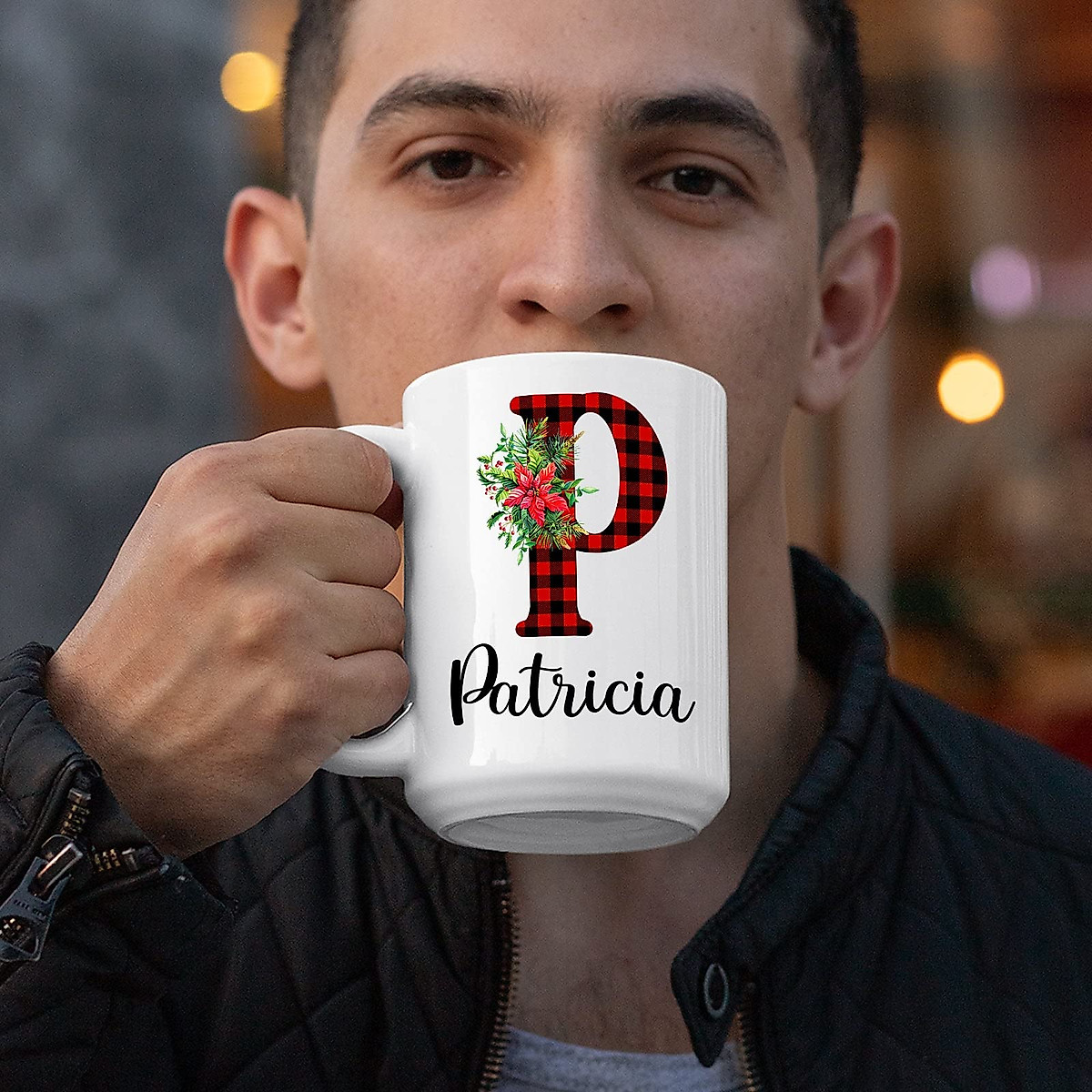 BigTees Personalized Floral Alphabet Mug, Custom Name Mug Gifts, Red Buffalo Plaid Monogram Initial, 11oz, 15oz