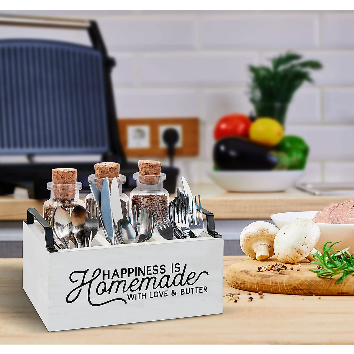 Updesign Rustic/Country Wooden Rectangular Utensil Caddy Organizer for Kitchen Counter, Tabletop, Party, BBQ