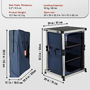 VEVOR Camping Kitchen Table Storage, Outdoor Pop-up Aluminum Portable Folding Cook Station with 3-Tier Organizer, Side Pocket & Carrying Bag, Quick Set-up for BBQ Party Backyard RV Traveling, Blue