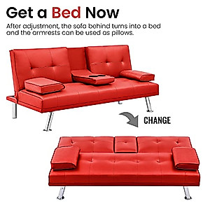 AWQM Faux Leather Futon Sofa Bed Upholstered Modern Convertible Sofa Bed Small Couch Bed Adjustable Couch Sleeper for Compact Living Space, Removable Armrests, Metal Legs, 2 Cupholders, Red