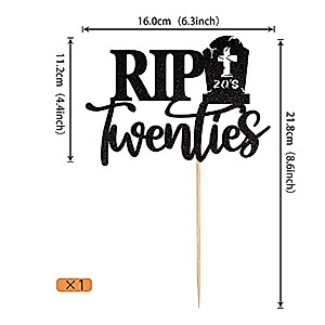 1 PCS Rip Twenties Cake Topper Black Glitter Death to My Twenties Cake Pick Rip to My 20s Cake Decorations for Rip 20s Funeral Happy Youth 30th Birthday Party Supplies