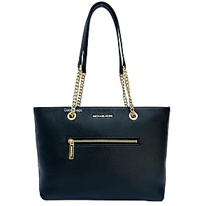 Michael Kors Jet Set Medium Front Pocket Chain Top Zip Tote Black Pebbled Leather