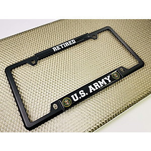 [Officially Licensed Product] - U.S. Army Retired - Domed Custom-Made Personalized Narrow (Thin) Top 4 Hole Metal Car License Plate Frame with Free caps - Black (Quantity: 1 Frame)