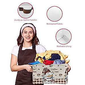 Coffee Time Storage Bins 2 Pack, Large Waterproof Storage Baskets for Shelves Closet, Gnomes Coffee Beans Brown Plaid Burlap Storage Basket Foldable Storage Box Cube Storage Organizer with Handles