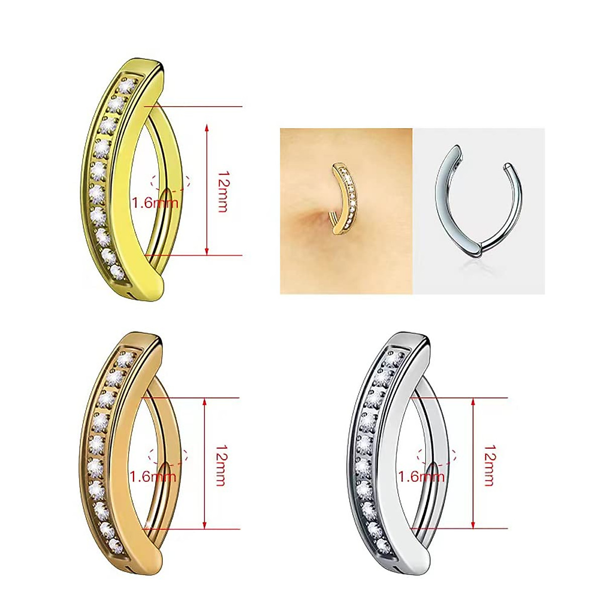 Piercingpops 2PCS 14g Sparkly CZ Clicker Belly Button Ring Surgical Stainless Steel Belly Ring Naval Ring Piercing Jewelry (2PCS CZ Silver (10mm+12mm))