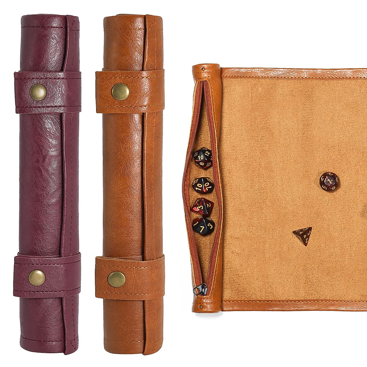 Lohoee 2Pcs Dice Rolling Mat PU Leather Dice Holder Tray with Zipper Folding Dice Bag for Dice Game Accessories (Brown and Purple)