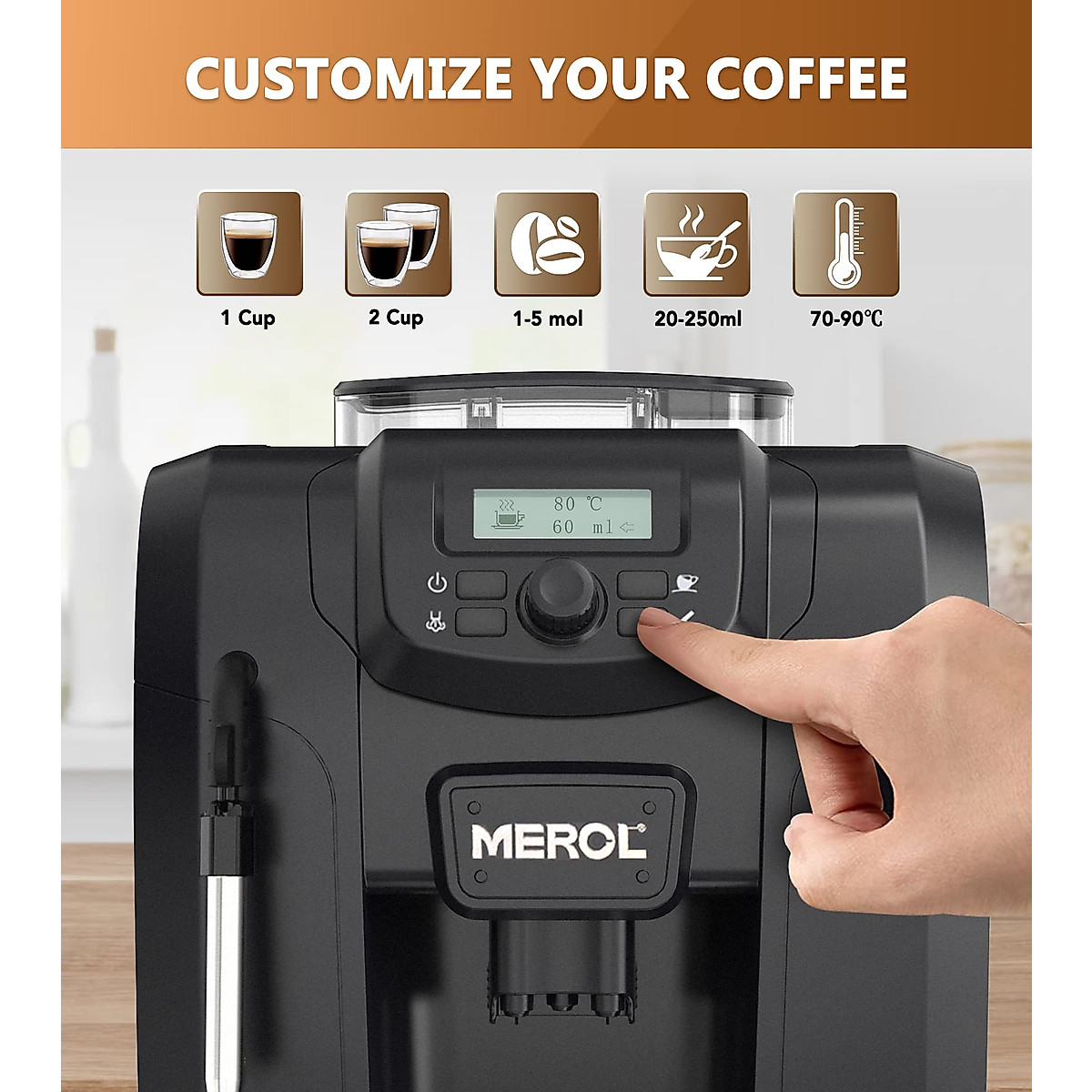 MEROL Automatic Espresso Coffee Machine, 19 Bar Barista Pump Coffee Maker with Grinder and Manual Milk Frother Steam Wand for Cappuccino Latte Macchiato, Black