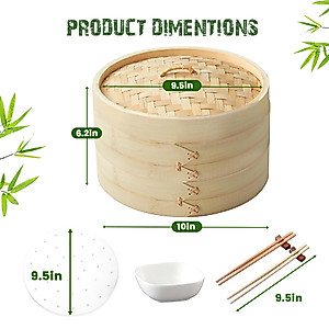 Bamboo Steamer Basket 10 Inch, Steamer for Cooking Rice, Vegetables, Meat, Fish and Chinese Asian Cuisine | 2 -Tier Dumpling Steamer, Dim Sum & Bao Bun Steamer with Chopsticks, 50 liners & Sauce Dish