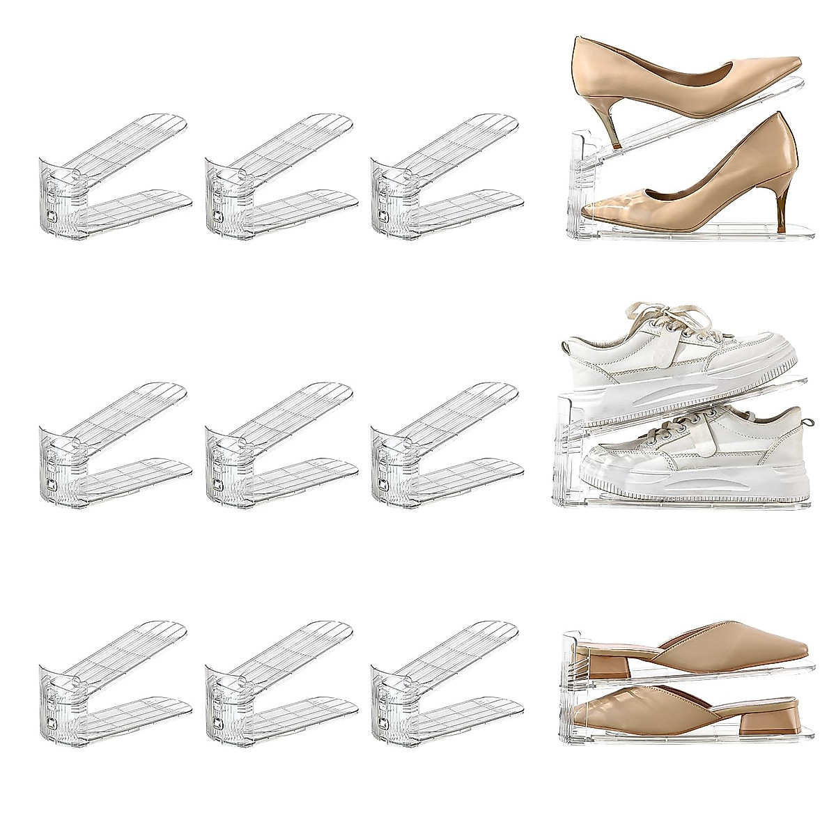 Uni HIMO 12 Pack Shoe Slots Organizer Adjustable Level Shoe Stacker Holder Storage Space Saving Sneakers Display Tray Rack for Closet (Transparent, 12Pack)