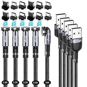 Magnetic Charging Cable 5-Pack (1.6/3.3/3.3/6.6/10FT) - 540° Rotating 3 in 1 Magnetic Phone Charger Cable with LED Light - 90° Angle Connector, Compatible with Micro USB, Type C Smartphone (Black)