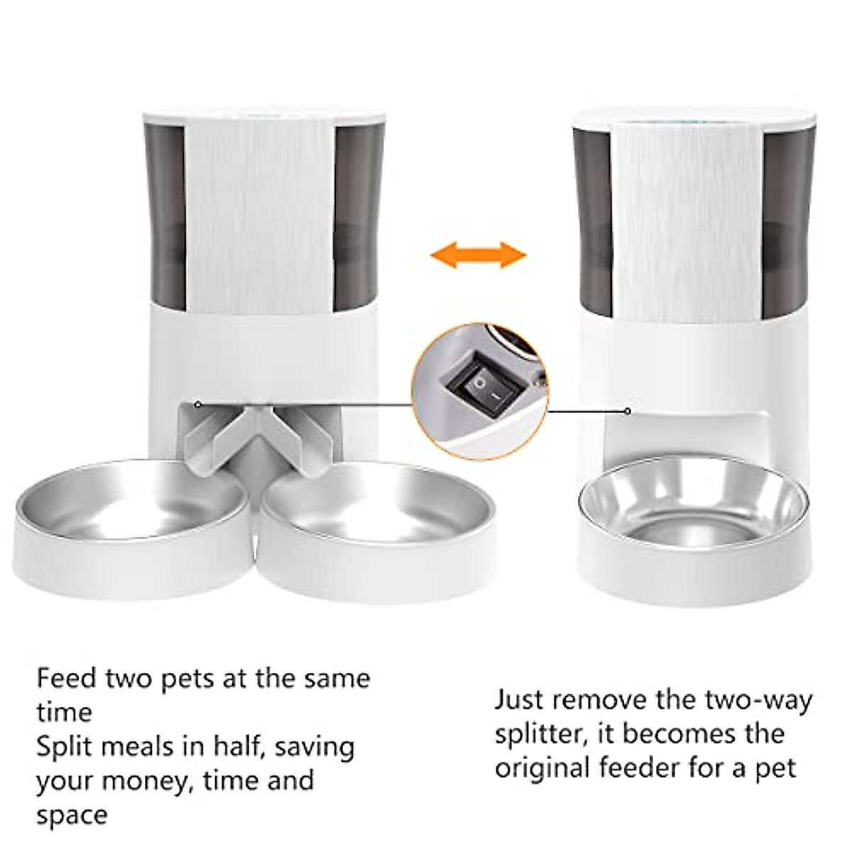 HoneyGuaridan Automatic Cat Feeder for 2 Cats&Dog, Pet Food Dispenser Timed Cat Feeder, Portion Control, Distribution Alarms and Voice Recorder 1-6 Meals per Day - 2 Stainless Steel Bowl