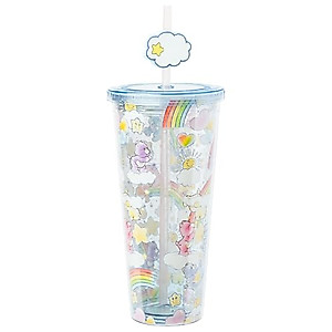 Silver Buffalo Care Bears Rainbow Hearts Stars Featuring Cheer Bear, Bedtime Bear, Funshine Bear, and Share Bear Watercolor Plastic Cold Cup with Lid and Straw Topper, 24 Ounces