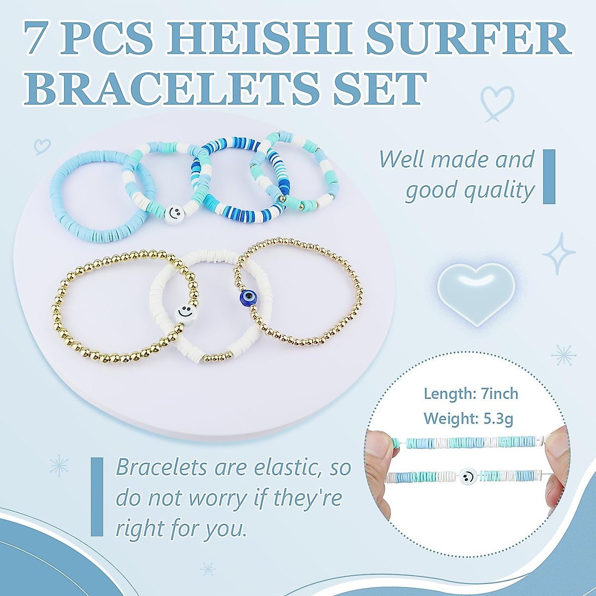 58 Pcs Checkered Makeup Bag Set Preppy Aesthetic Cosmetic Bag Travel Makeup Pouch Toiletry Bag 7 Heishi Surfer Bracelets with 50 Cute Preppy Stickers for Women Girls Teens Gift (Blue)