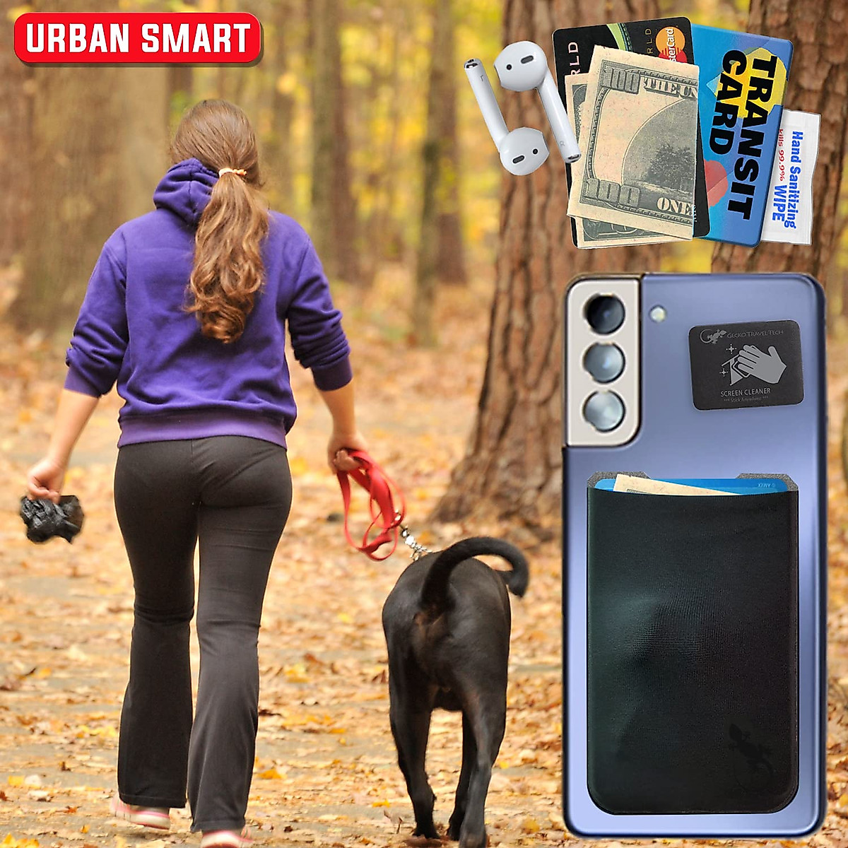 Gecko Travel Tech Phone Wallet - Stick On Card Holder Wallet for Cell Phones - Adhesive Card Pocket for Credit Cards and Money - Sticker for Cases - Phone Stand - BLACK BLACK