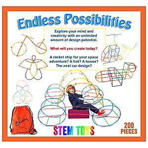 Skoolzy STEM Toys Connecting Straws Building 200 Piece Kit - Tinker Toys Fine Motor Skills Interlocking Engineering Builder Set Preschool Activity Building Toys Ages 3+ Includes Bag and eBook