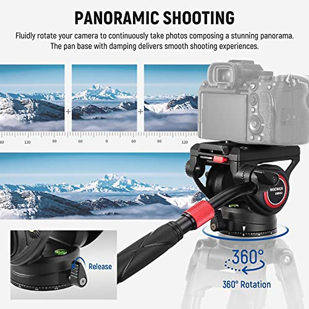 NEEWER Video Tripod Fluid Head with Quick Release Plate Compatible with DJI RS Gimbals Manfrotto, Telescopic Handle & Scaled Base (⌀75mm) for Panorama, Heavy Duty for DSLR Video Cameras, GM002
