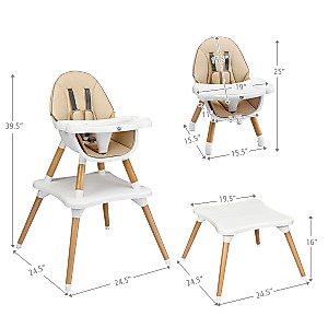 BABY JOY 5 in 1 High Chair, Convertible High Chairs for Babies and Toddlers/Booster Seat/Table and Chair Set, Infant Wooden Highchair w/ 5-Point Harness, 4-Position Removable Tray & PU Cushion (Khaki)