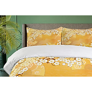 Ambesonne East Duvet Cover Set, Japanese Cherry Blossom Sakura Tree Branches Blooms Art, Decorative 3 Piece Bedding Set with 2 Pillow Shams, Queen Size, Marigold and Cream