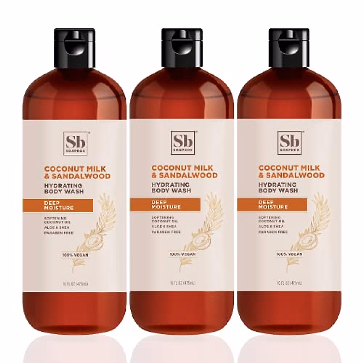 Soapbox Body Wash, Coconut Milk & Sandalwood - Moisturizing Body Wash Cleanser w/Aloe Vera & Shea Butter | Paraben Free, Gluten Free, Cruelty Free & Vegan Body Wash, 16oz Bottles (Pack of 3)