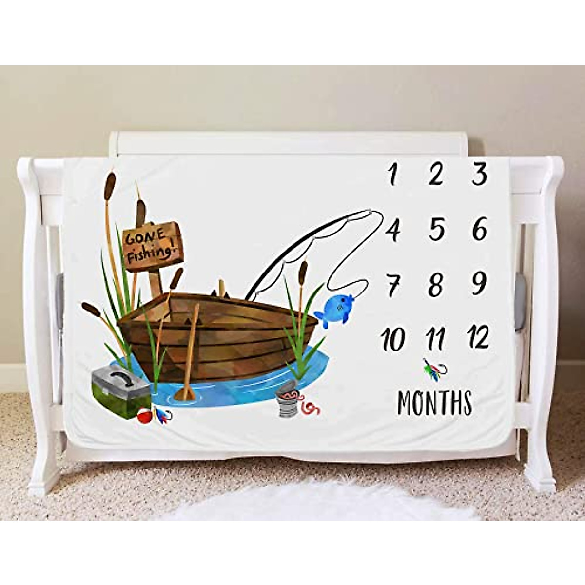 Popfavors Fishing Baby Monthly Milestone Blanket, Gone Fishing Baby Boy Growth Chart Milestone Photo Blanket, Fishing Boat Newborn, Includes Marker (50x40)