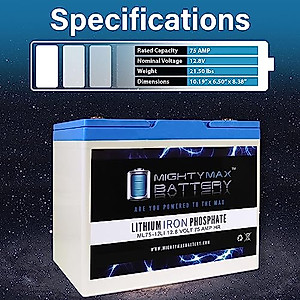 Mighty Max Battery Mighty Max Battery ML75-12LI - 12 Volt 75 AH Deep Cycle Lithium Iron Phosphate (LiFePO4) Rechargeable and Maintenance Free Battery