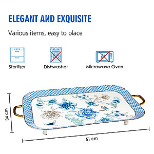 ACMLIFE Tea Serving Tray Set, 21 inches Bone China Tray Tea Tray with Handles, Blue Fine Ceramic Decorative Serving Tray Platter with Golden Rim for Tea Sets, Living Room, Gift (Light Blue)