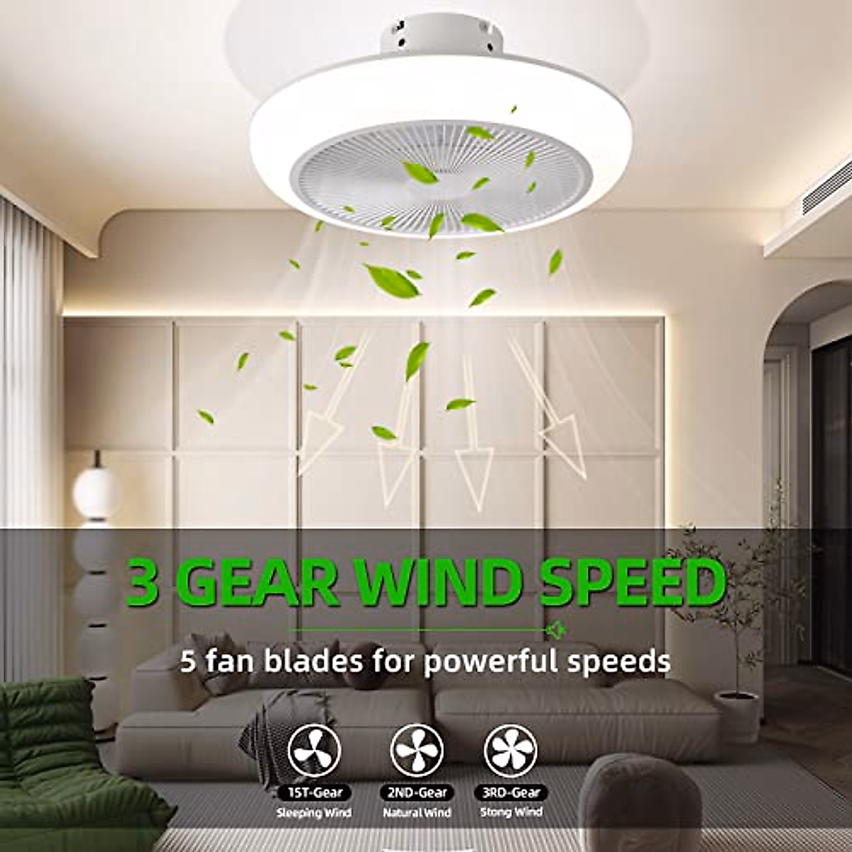 Ceiling Fan with Lights Remote Control 18" Modern Bladeless Ceiling Fan 72W Low Profile Flush Mount Ceiling Fan Light Kits Smart LED Dimmable Enclosed Ceiling Fan for Bedroom Kitchen Living Room