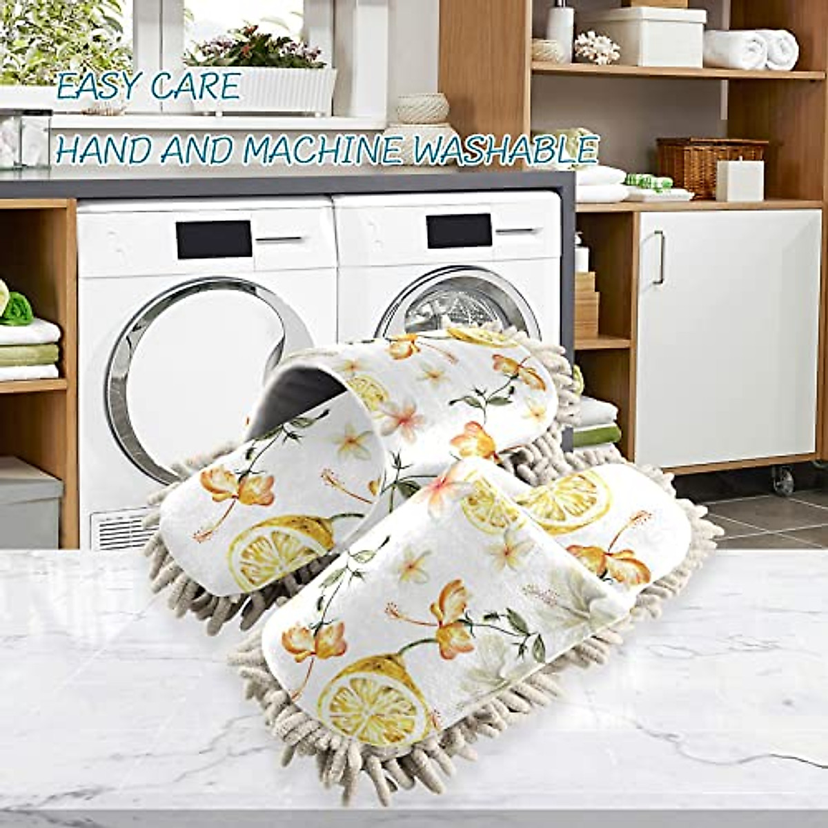 Tropical Flowers Lemons Mop Slippers Shoes Cover for Floor Cleaning Washable Hair Dirty Dust Cleaners Microfiber Mop Socks for House Office Kitchen