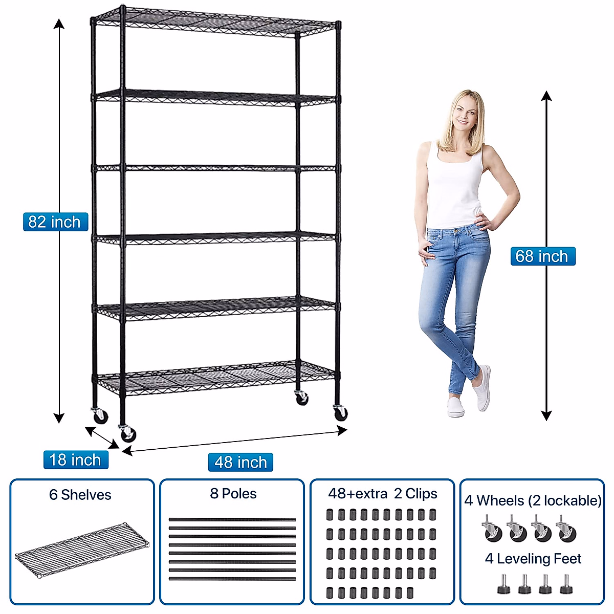 Storage Shelves Metal Shelf Wire Shelving Unit with Wheels 6 Tier NSF Certification Height Adjustable Garage Shelving Utility Steel Heavy Duty Commercial Grade Shelving Rack for Garage Pantry Kitchen