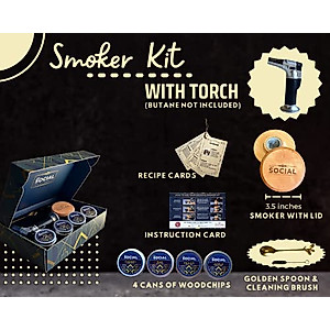 THE SOCIAL Cocktail Smoker Kit - with Torch and Wood Chips for Whiskey, Bourbon, Old Fashioned, Manhattan, infuse your favorite cocktails and wine. Perfect for entertaining and gifting!