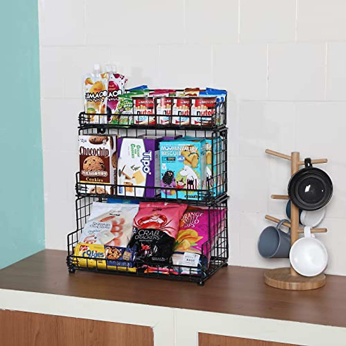 X-cosrack Stackable Wire Basket 3 Tier Countertop& Wall Mounted Metal Storage Basket for Kitchen Pantry Cabinet, Muti-functional Open Front Bin Organizer for Food Fruit Snack, Black
