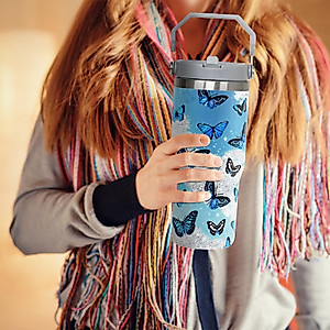 Butterfly Tumbler with Handle and Straw, Stainless Steel Vacuum Insulated Flip Straw 30 oz Blue Butterfly Tumbler Spill Proof Coffee Travel Mug Butterfly Gifts