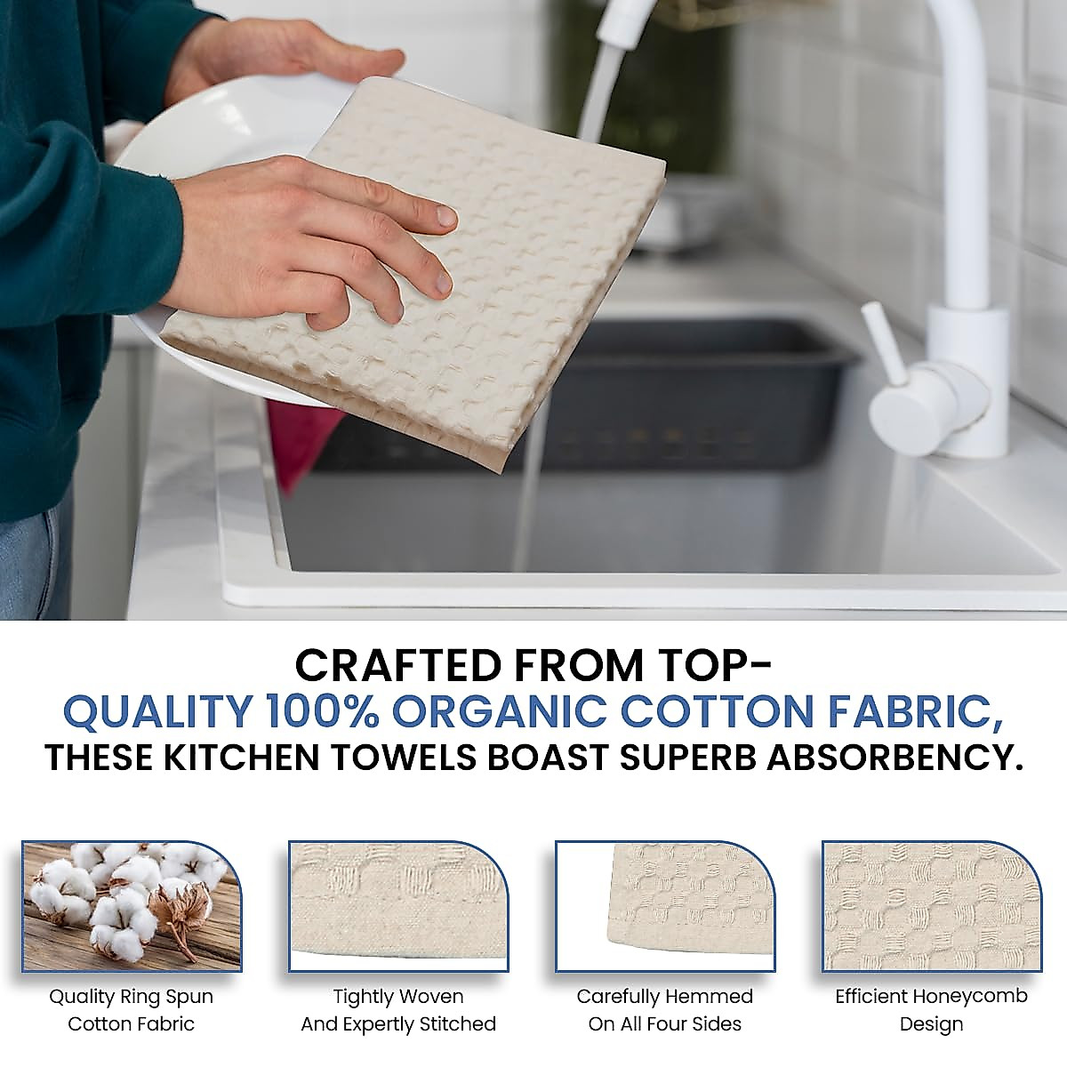 Kitchen Dish Towels Ring Spun Cotton Large 18 x 28 6-Pack Big Waffle - Kitchen Towel, Hand Towels, Tea Towels, Dish Towels and Dish Cloth (Cream).